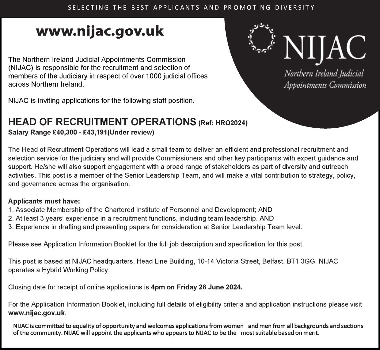 Head of Recruitment Operations | Northern Ireland Judicial Appointments ...